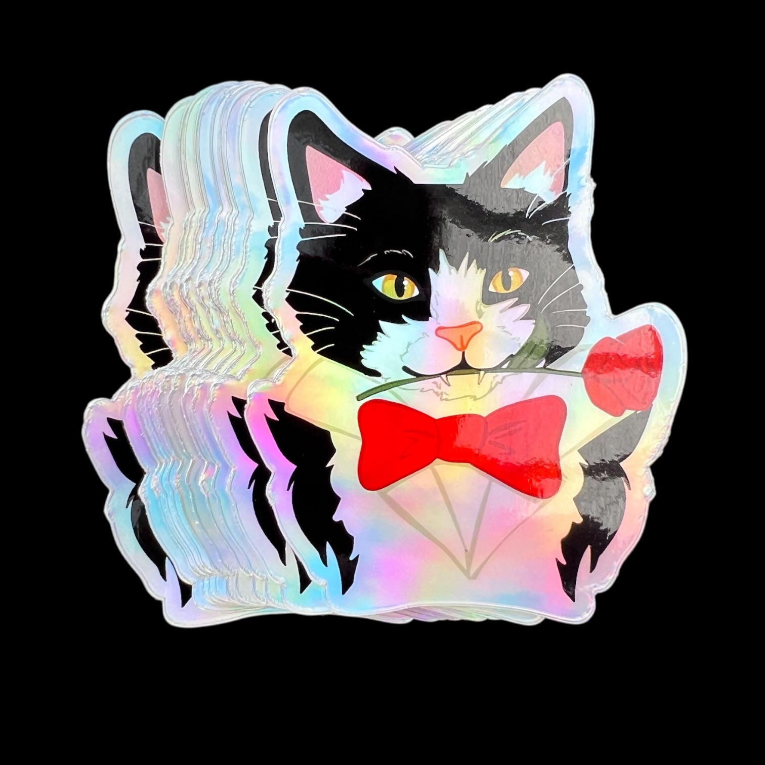 Holographic Tuxedo Cat Sticker - Mask & Mantle Cat with Rose