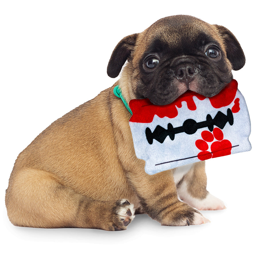 Exclusive Bloody Razor Blade Dog Toy - No Stuffing, Plush Squeaky Toy