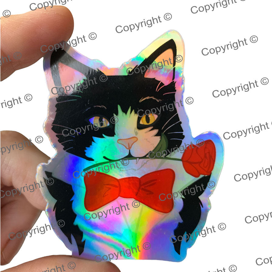 Holographic Tuxedo Cat Sticker - Mask & Mantle Cat with Rose